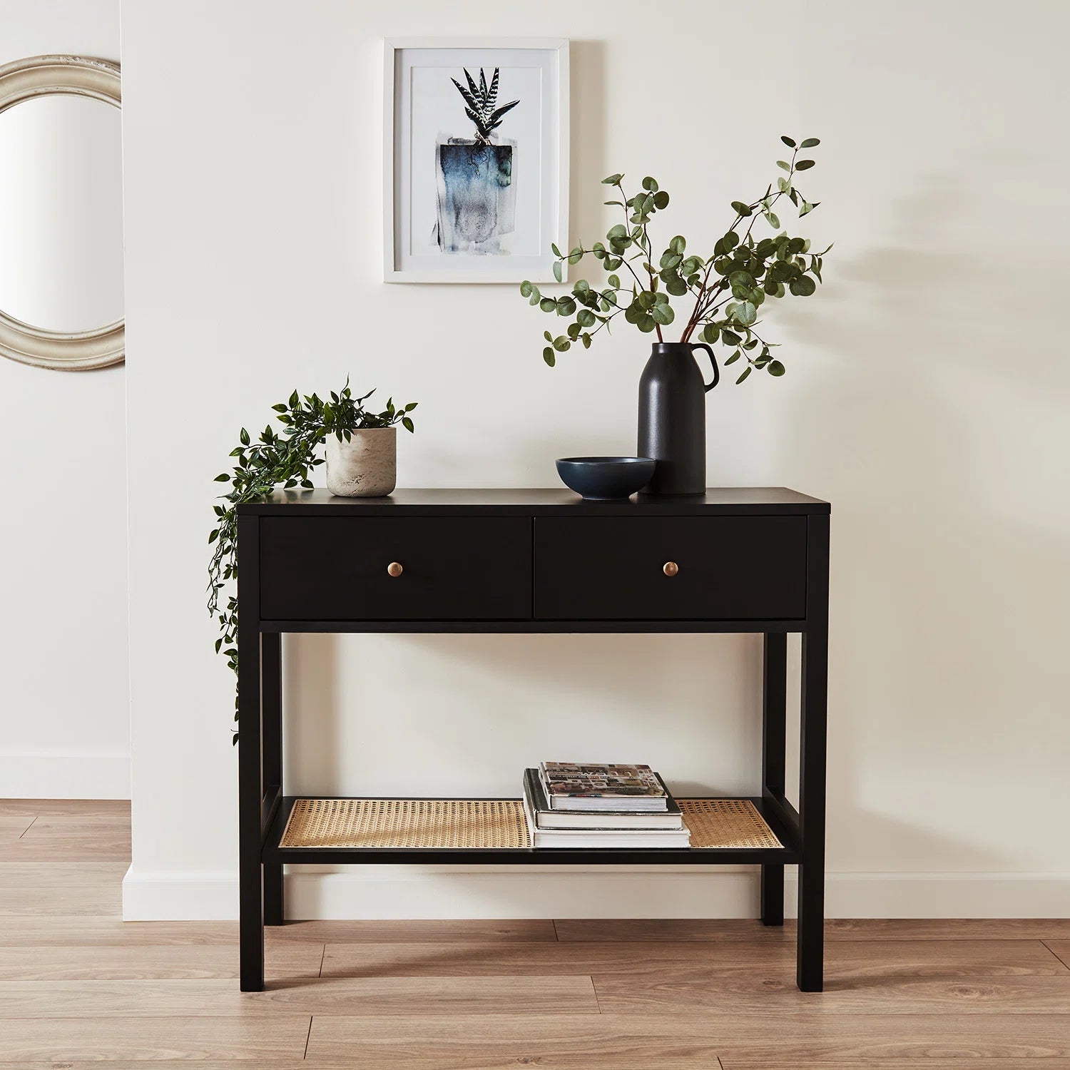 Black Rattan Console Table for Living Room